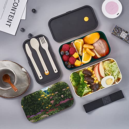 Full Of Flowers Premium Bento Lunch Box, 2 Compartments Leakproof Lunch Box With Cutlery For Adults, Microwave & Dishwasher Safe