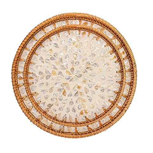 Frcctre 2 Pack Round Rattan Serving Tray with Mother of Pearl Inlay Wooden Base, Decorative Wicker Baskets Woven Serving Tray for Bread Fruit Food Coffee Breakfast, Storage and Display, 2 Sizes