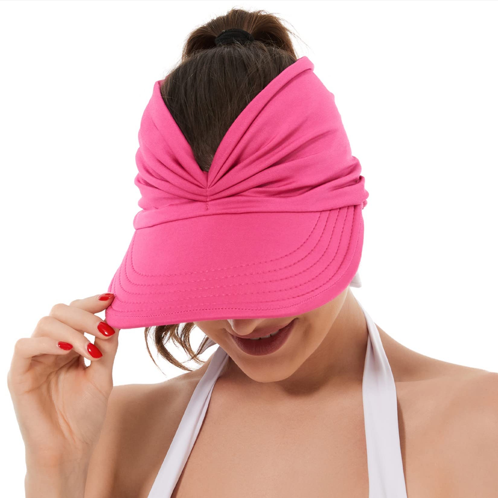 Century Star Sun Visor Hat for Women Wide Brim Sun Hats UPF 50+ UV Protection Summer Foldable Ponytail Beach Hats Z Rose Red One Size