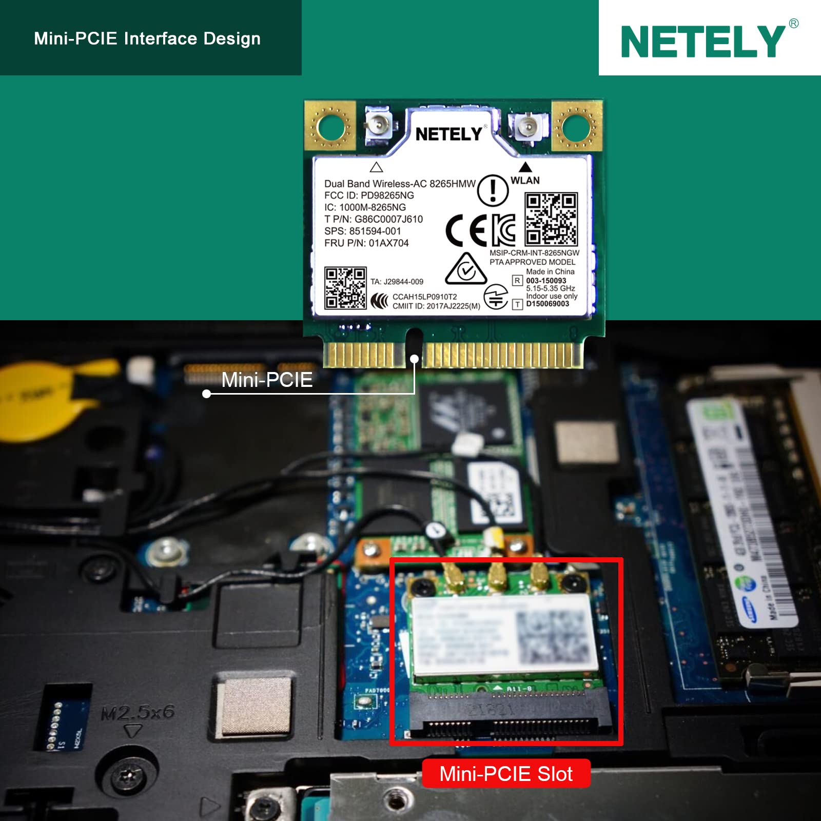 NETELY Wireless-AC 8265HMW 1200Mbps Mini-PCIE Interface WiFi Adapter with Bluetooth 4.2 for Laptop PCs, Intel Wireless-AC 8265D2W, 2.4GHz 300Mbps & 5GHz 867Mbps WiFi Card (Wireless-AC 8265HMW)