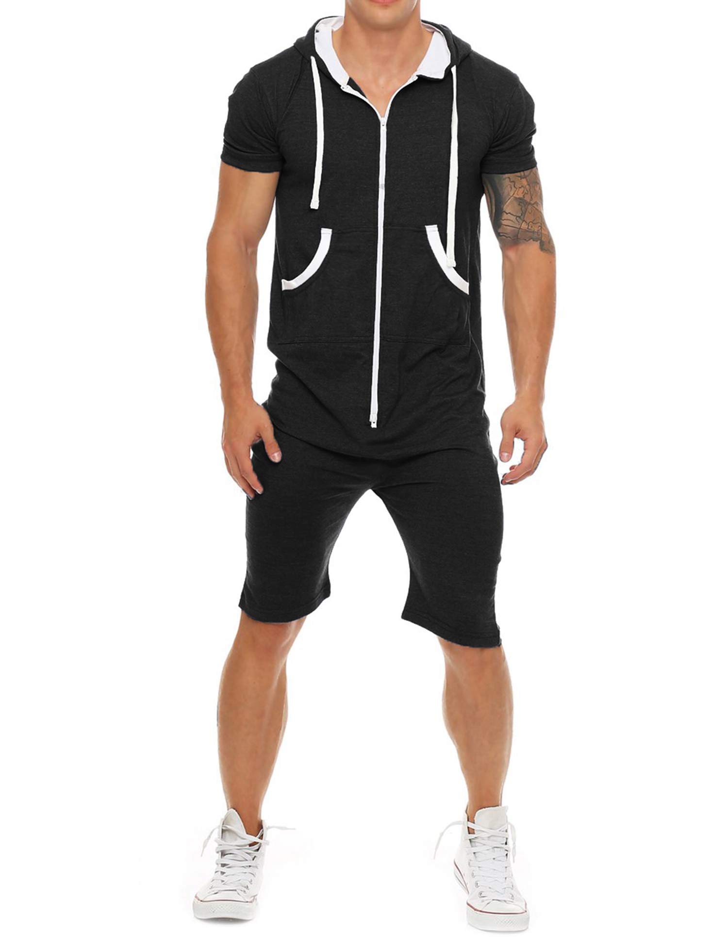 COOFANDY Men's Casual Tracksuit Short Sleeve Comfy Running Jogging Full Zip Athleti Sports Set Black, Large