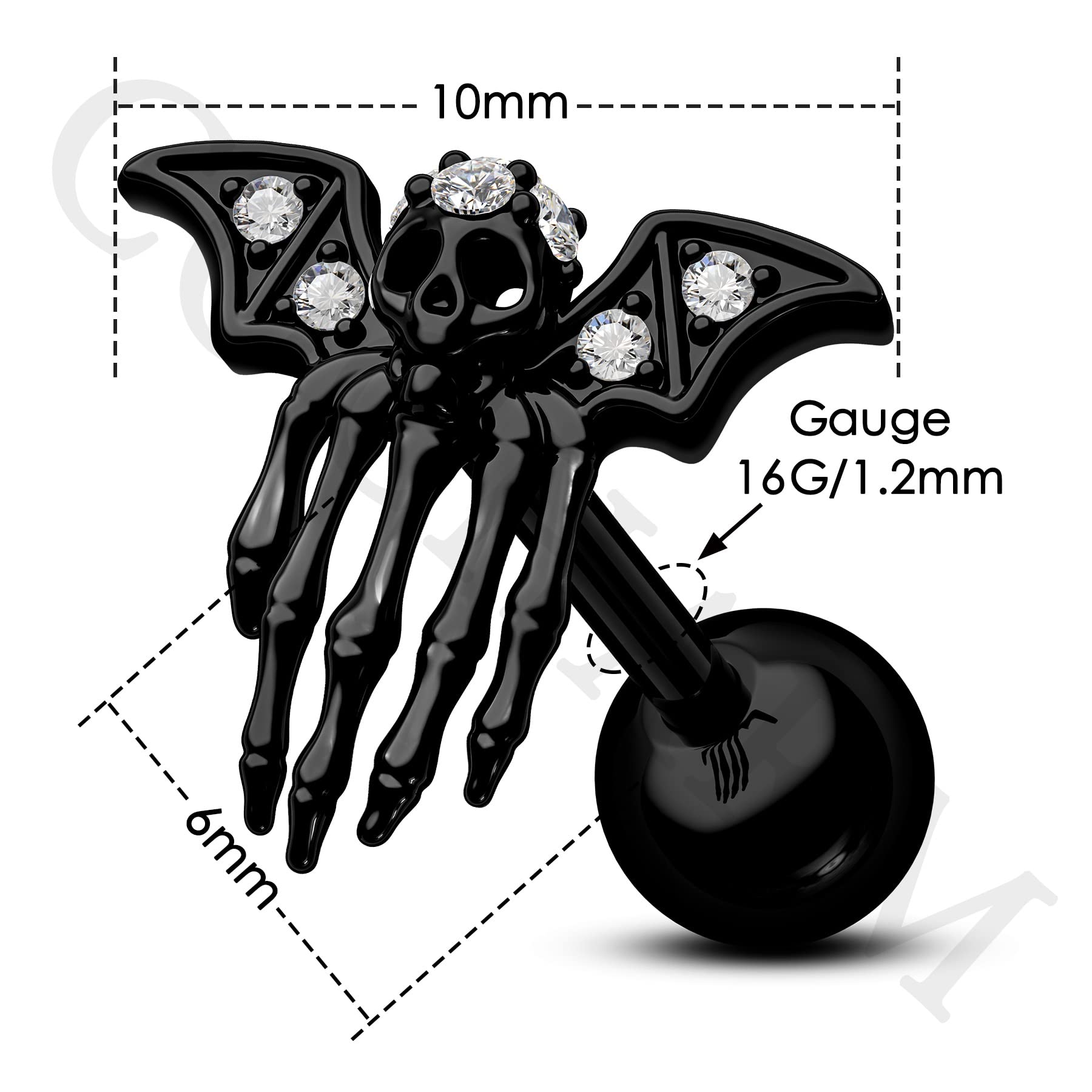 COCHARM 16g Black Bat Helix Earring Stud Halloween Bat Cartilage Piercing Bat Wing Cartilage Earrings 6mm Vampire Skeleton Hand Helix Jewelry for Women Man