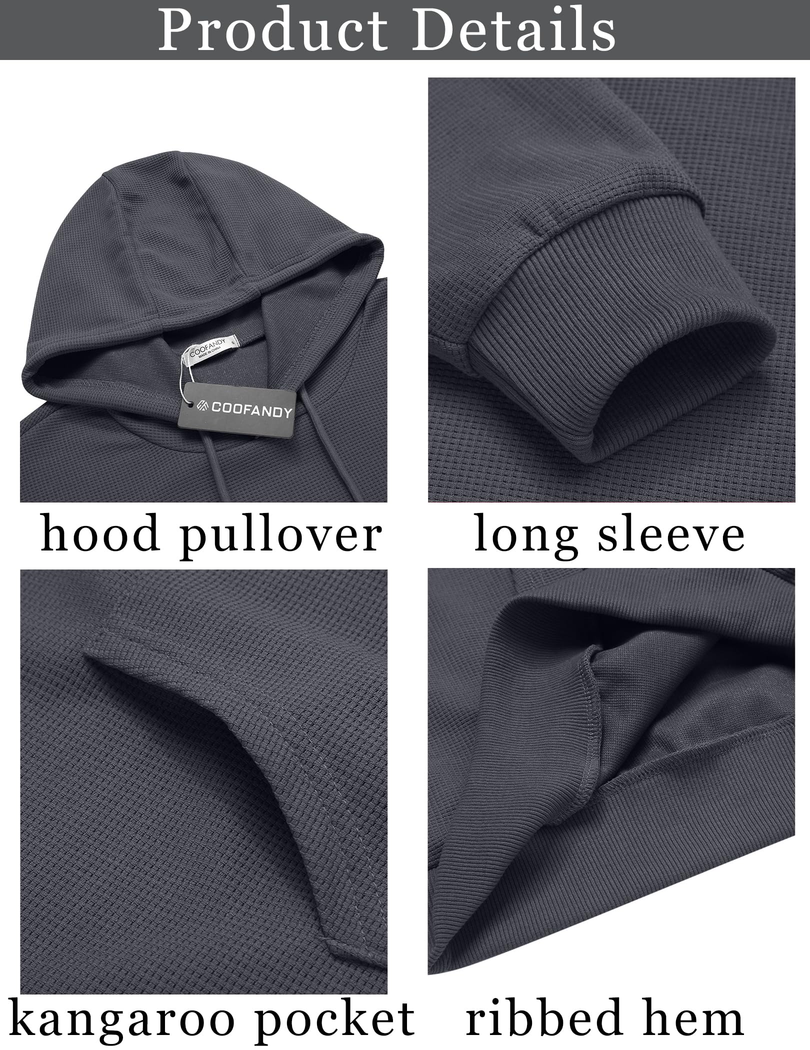 COOFANDY Men's Hooded Sweatshirts Long Sleeve Casual Pullover Hoodie Waffle Knit Sweatshirt with Pocket Dark Grey