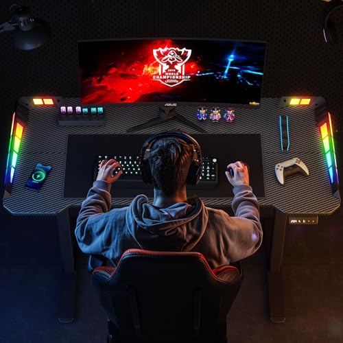 Gaming Desk with LED Lights & APP Control, 48" x 24" Gaming Table with Music Sensing, Underdesk Cable Storage Electric Standing Desk, Black Carbon Fiber PC Desk for Gaming and Home Office