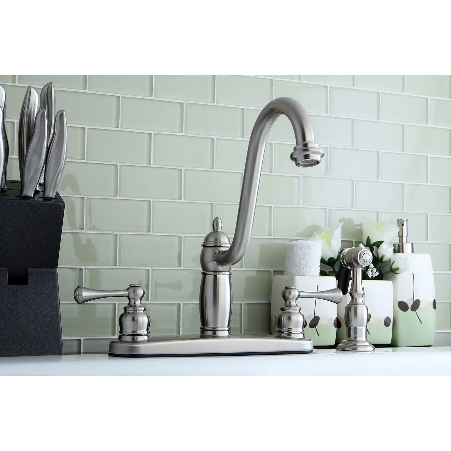 Kingston Brass KB1118BLBS Heritage 8-Inch Twin Bl Lever Handle Kitchen Faucet Sprayer, Brushed Nickel