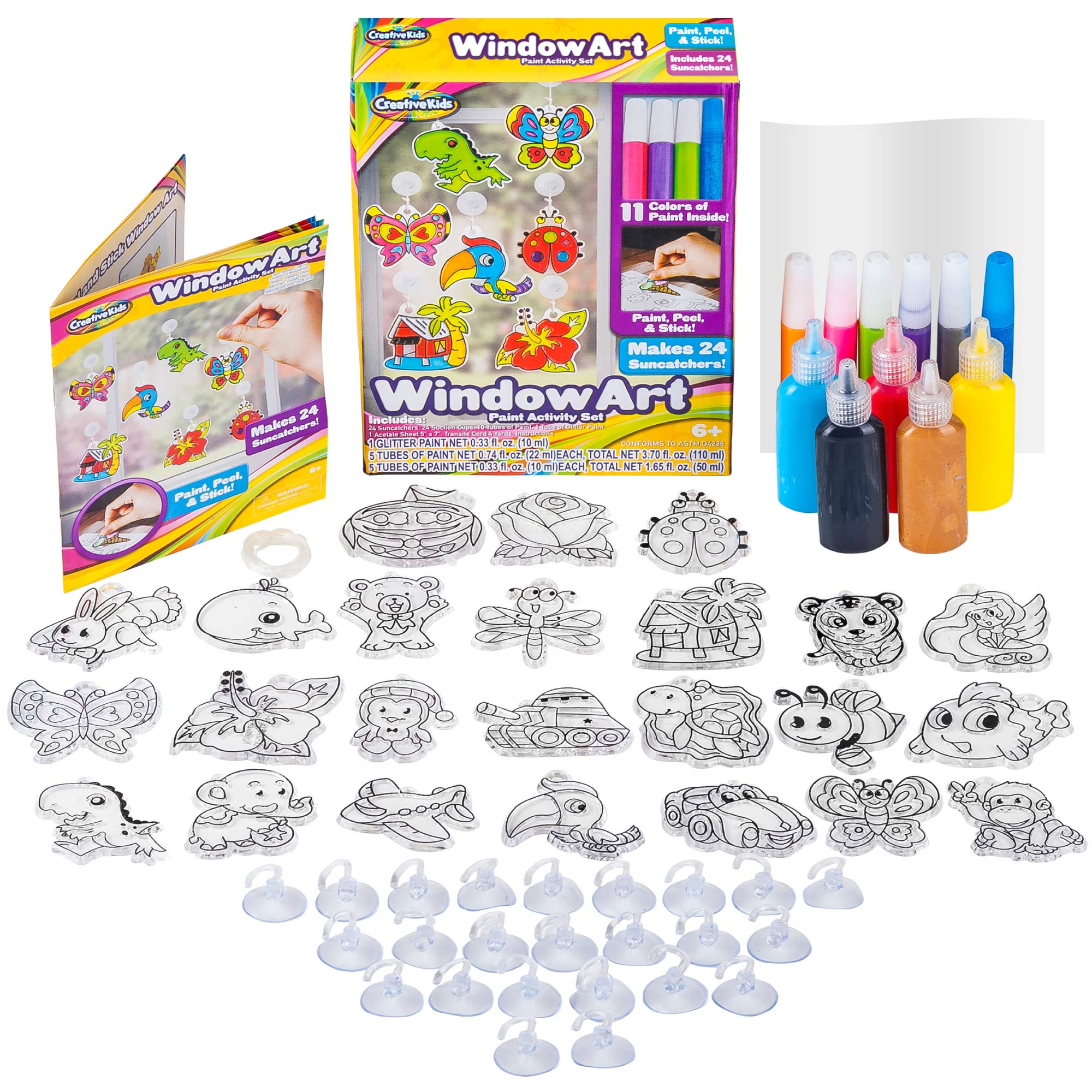 Creative Kids Window Paint Art Kit β Make Your Own Suncatchers Set β 24 Sun Catchers, 24 Suction Cups & 11 Paints β Suncatchers for Kids to Paint - DIY Window & Mirror Arts & Crafts Kit Children