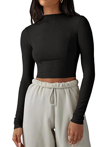 LASLULU Womens Cropped Long Sleeve Athletic Shirts Crop Tops Seamless Slim Fit Workout Yoga Sports Tops Pullover Outwear(Black Large)