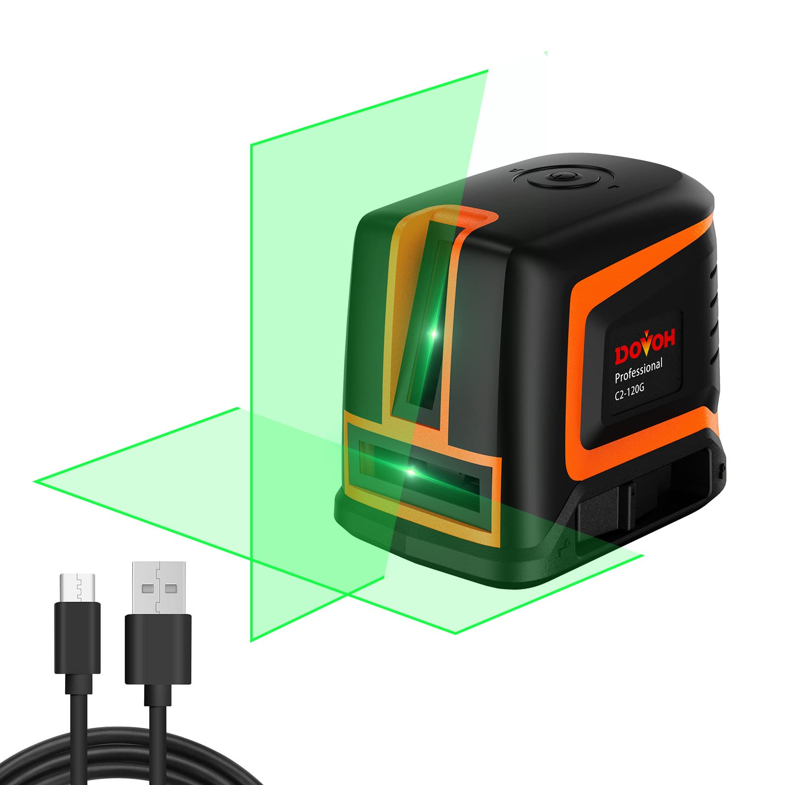 DOVOH Rechargeable Laser Level Self Leveling, High Accuracy Cross Line Laser Level Green 66ft Horizontal & Vertical Expanded Angle 150° Electronic Lazer Level for Tiling, C2-120G