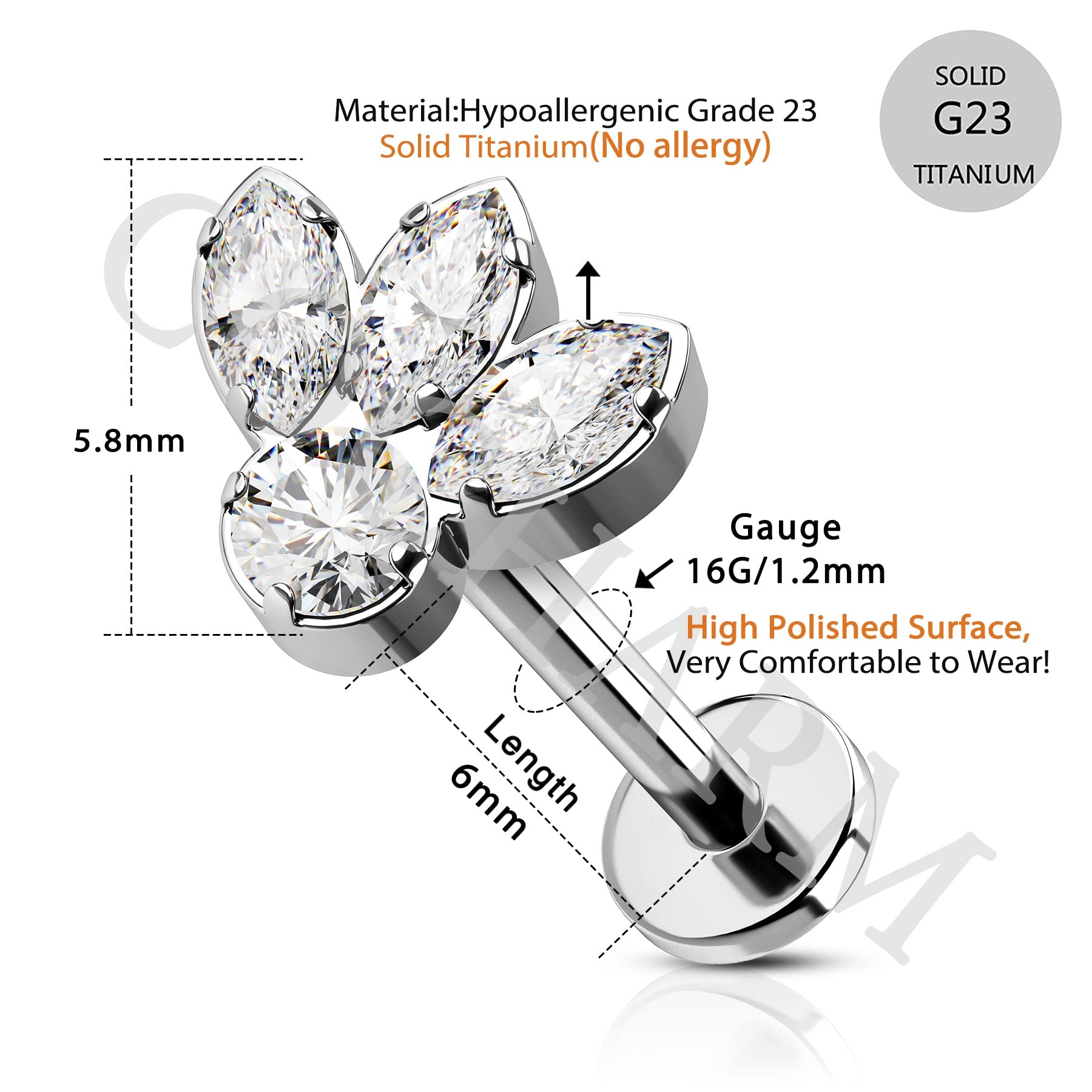 COCHARM G23 Solid Titanium Helix Cartilage Tragus Earring Stud 16g 6mm Flat Back Cartilage Helix Tragus Piercings 16g Internally Threaded Flat Tragus Cartilage Jewelry