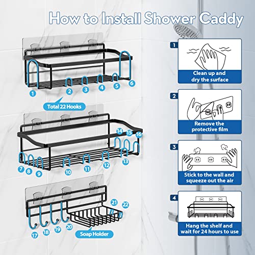 SIXDOVE 3 Pack Shower Caddy Shelves With 22 Hooks, Soap Holder Organizer Wall Mounted Shower Rack Basket With No Drilling Adhesive Shower Caddy Rustproof Storage Organizer (Black)