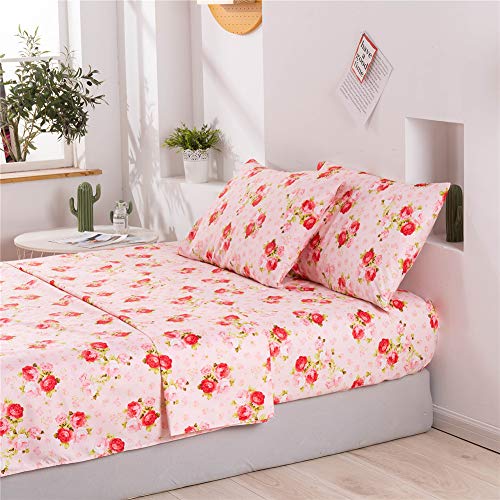 MEISHANG Sheet Set King Pink Floral Printed Sheets Ultra Soft 100% Microfiber- 16 Inch Deep Pocket Comfortable Rose Pattern Printed Sheet Set - 4 Pieces Rose Flower King