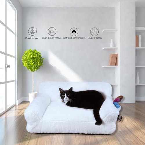 FORMYCATIE Pet Couch Bed, Washable Cat Beds for Medium Small Dogs & Cats up to 25 lbs, Soft Calming Cat Sofa Beds for Indoor Cats Anti-Slip Bottom,Fluffy Cat Couch (White)