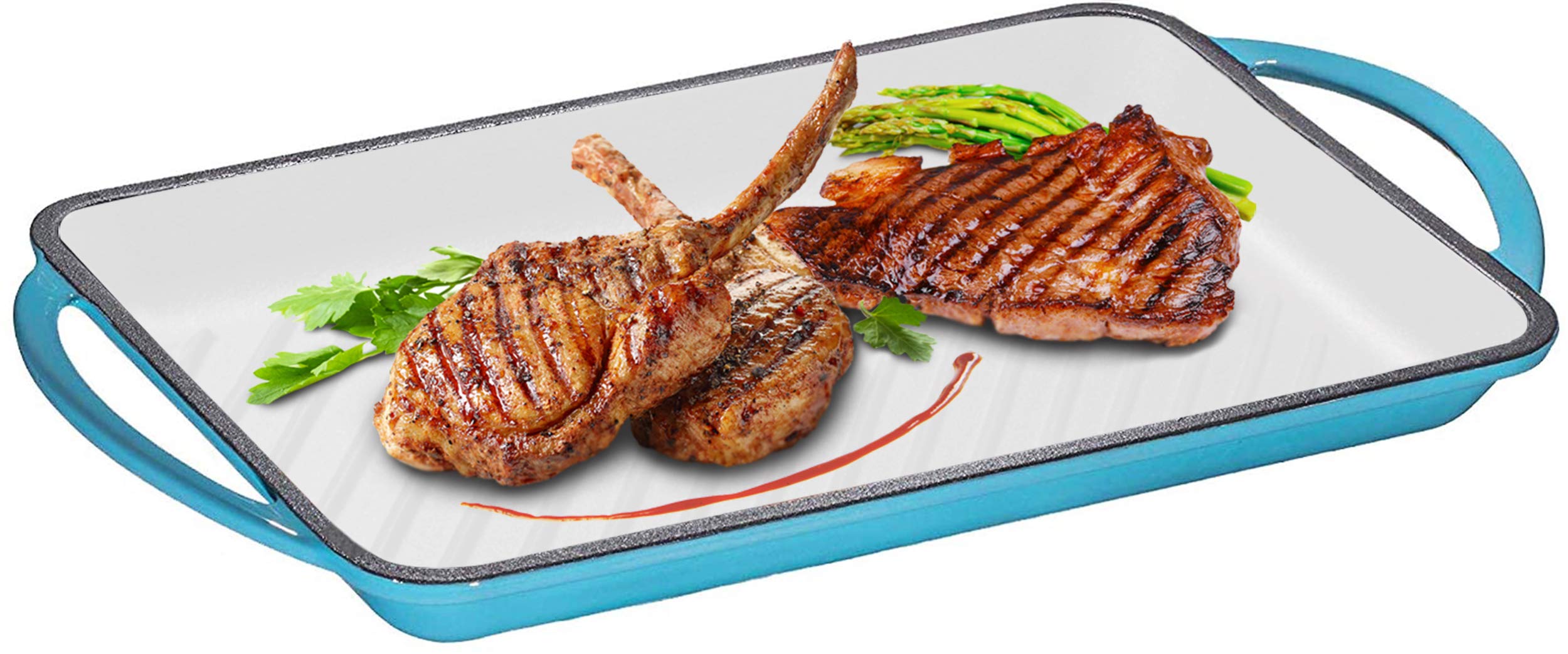 Enameled Cast-Iron Rectangular Grill Pan with Ridges, Oven Safe, Non-Stick Coating, Loop Handles, 9.5" x 13.5", Enameled Blue
