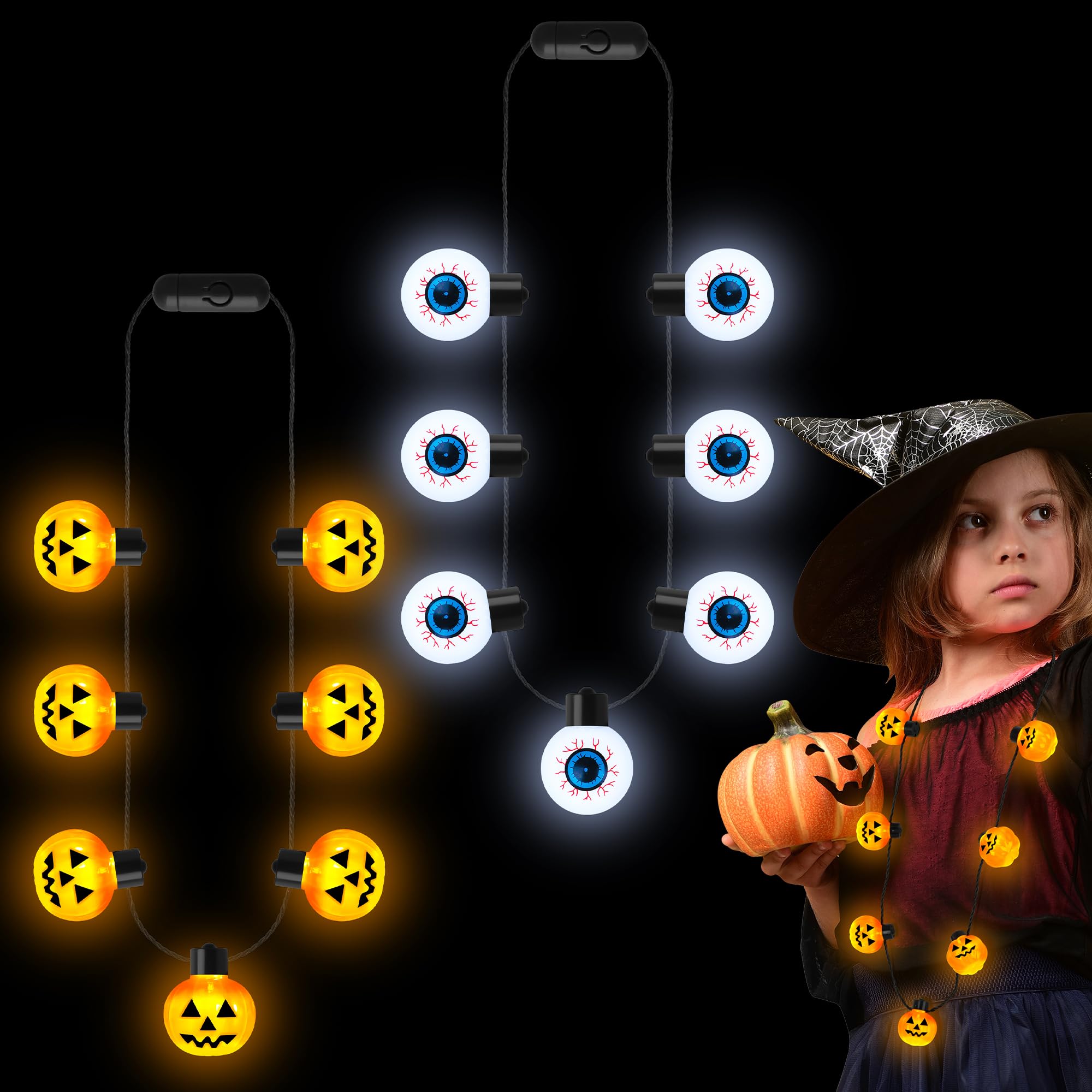 Halloween Necklace, 2PCS Light up Halloween Pumpkins Eyeballs Necklaces, Yellow White 7 Bulb Halloween Glow Necklace Accessories, 3 Mode Lights Necklaces Bulk for Halloween Trick or Treat Party Favors