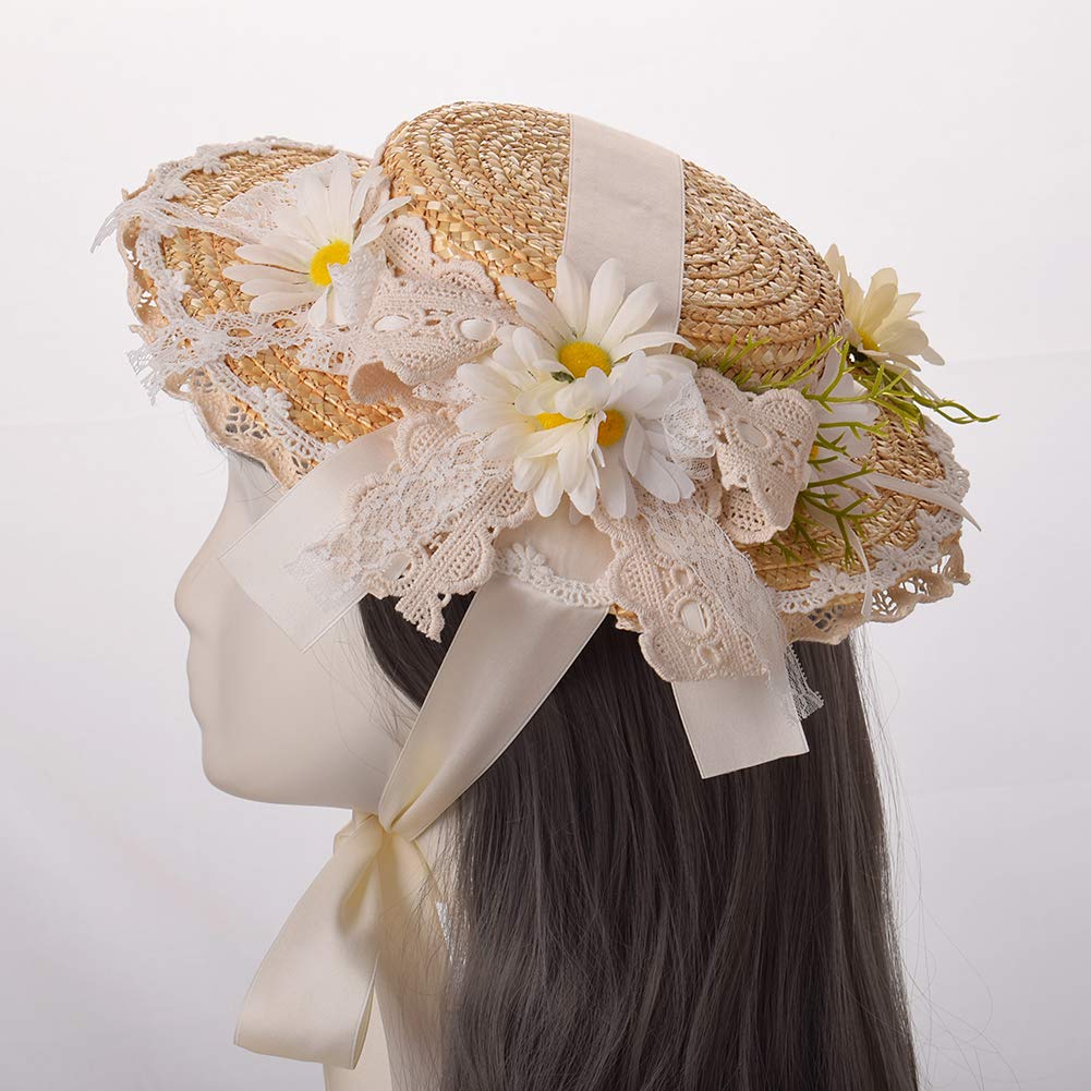 COSDREAMER Girls Women Tea Party Sun Hat Lace Ribbons Straw Hats (White)