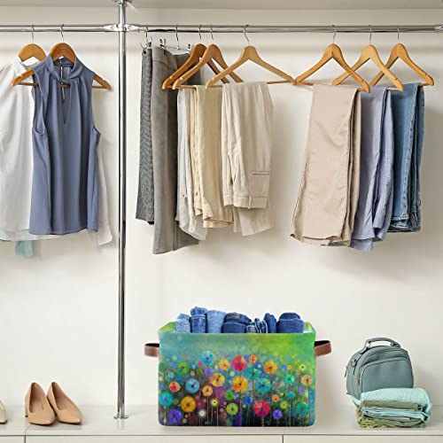 Foldable Storage Basket Green,Spring Flower Decorative Organizer Basket with PU Handles, Baskets for Shelves Home Closet Bedroom Living Room - 1 Pack