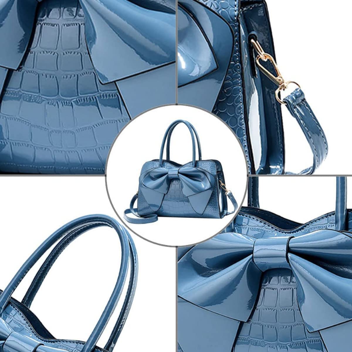 XingChen Shiny Women Handbag Patent Leather Bowknot Purse Charm Glossy Top-Handle Satchel Tote Fashion Shoulder Bag(Blue)