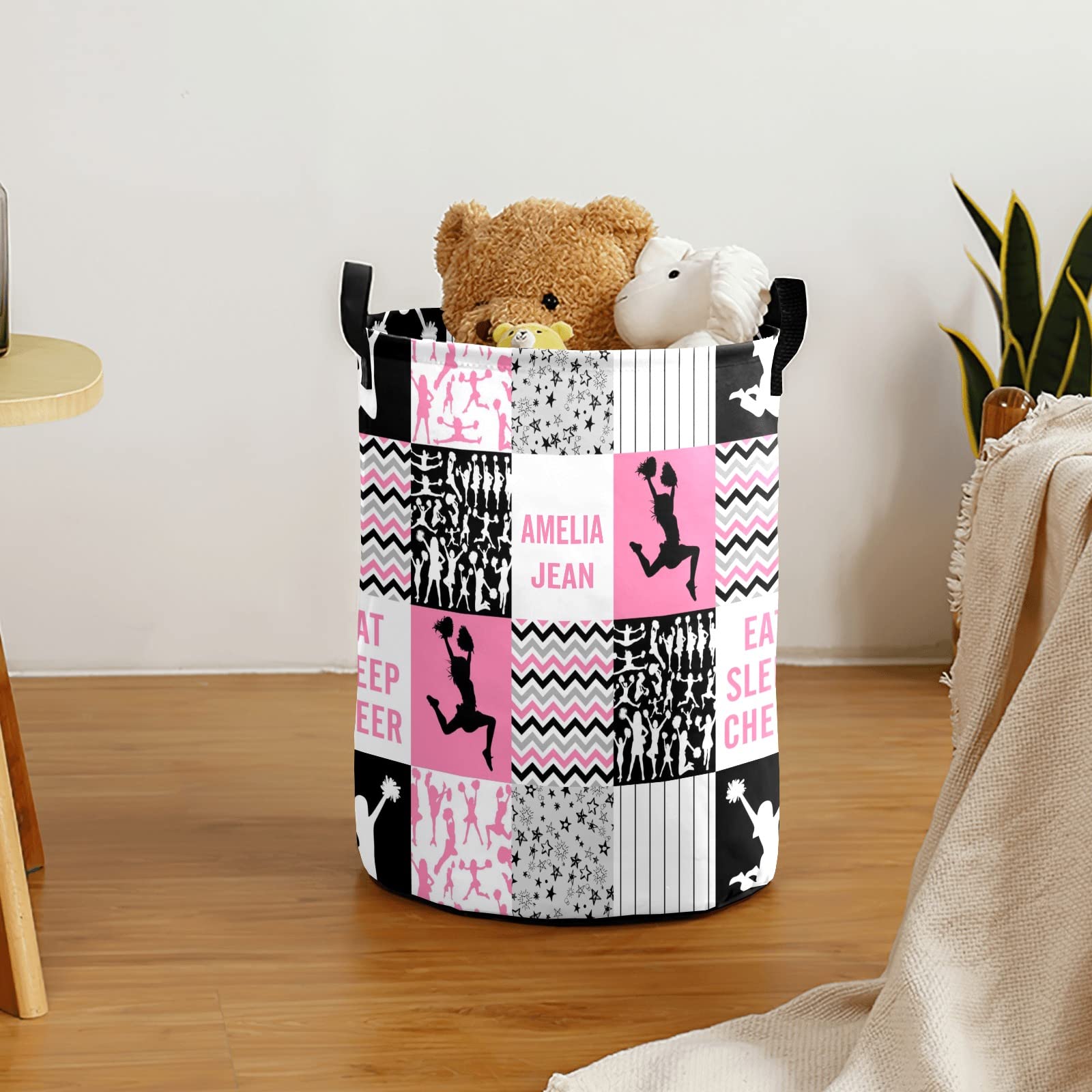 Laundry Basket Eat Sleep Cheer Cheerleader Pink Laundry Hamper Clothes Bag Collapsible Tall with Handles Bathroom College Essentials Storage for College Dorm Family