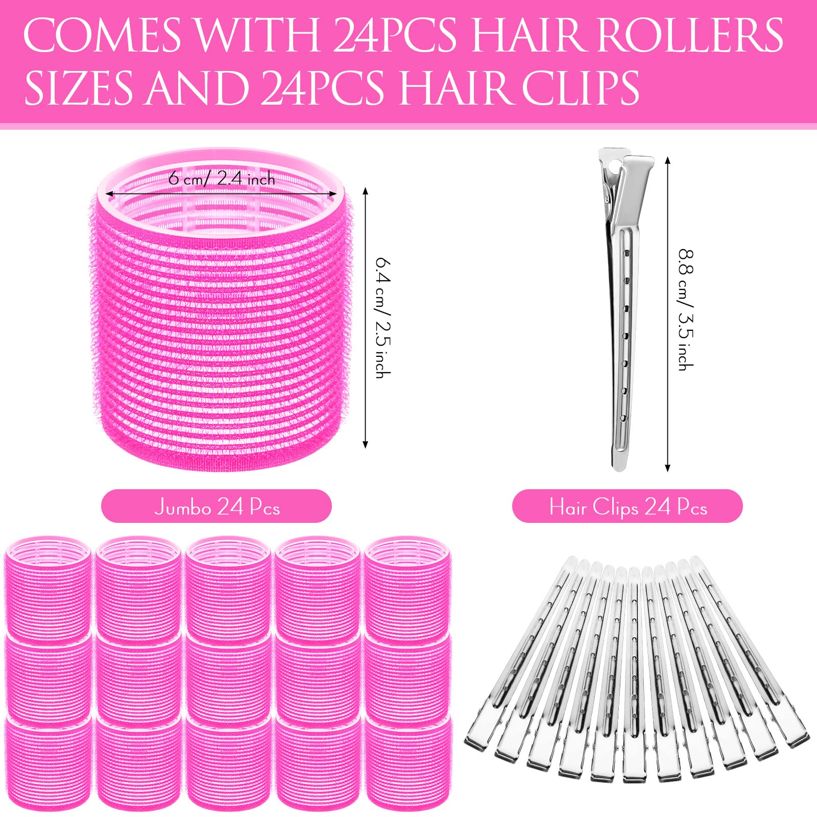 Hair Curlers and Roller Set: 24 Jumbo Self-Grip Rollers, 24 Duckbill Clips for Volume and Styling - Suitable for All Hair Types and Lengths