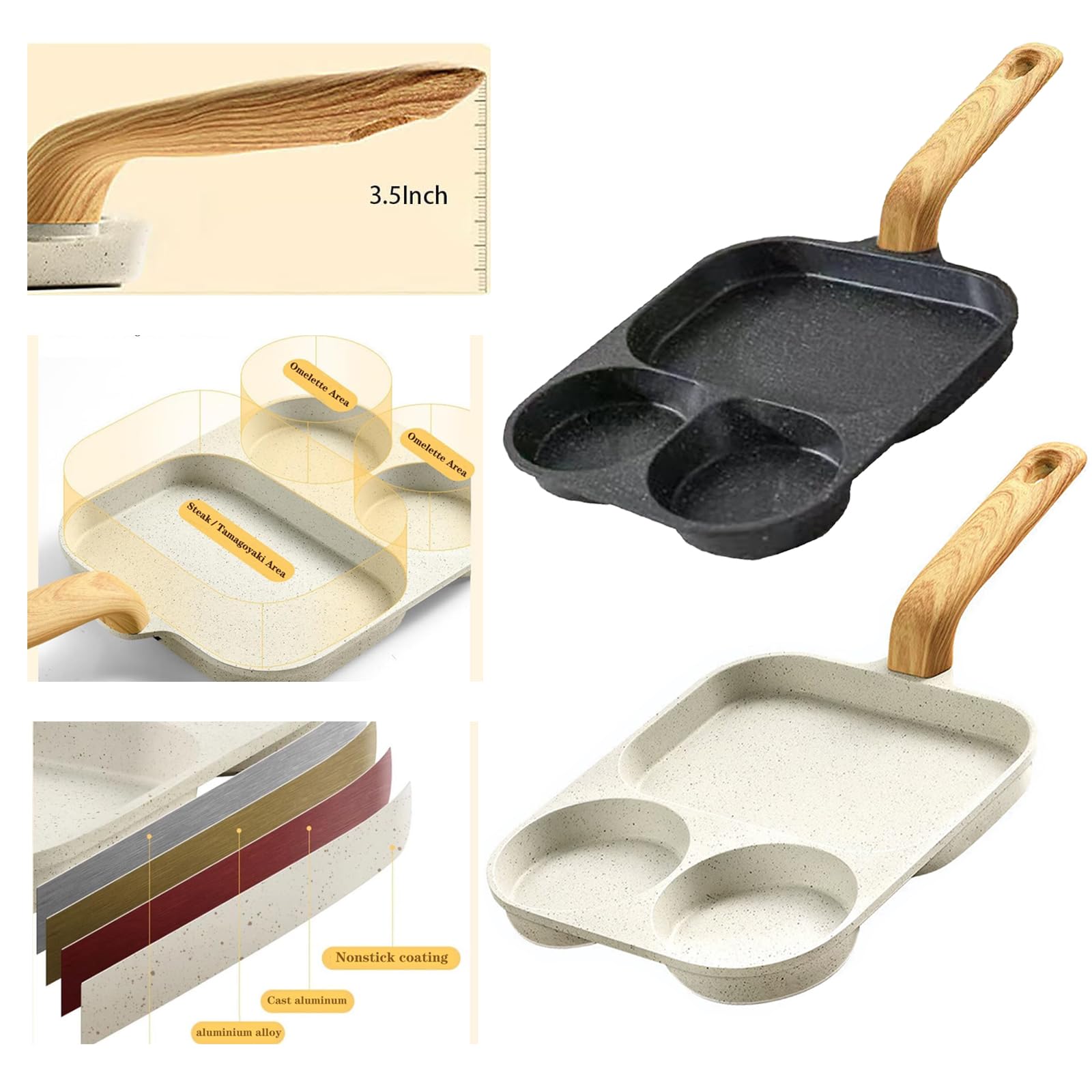 Generic Medical Stone Non-Stick Frying Pan for Breakfast,3 in 1 Egg Pan, Divided Grill Frying Pan,Crepes,Mini Pancake Pan Universal, 7.4*8.6in, White