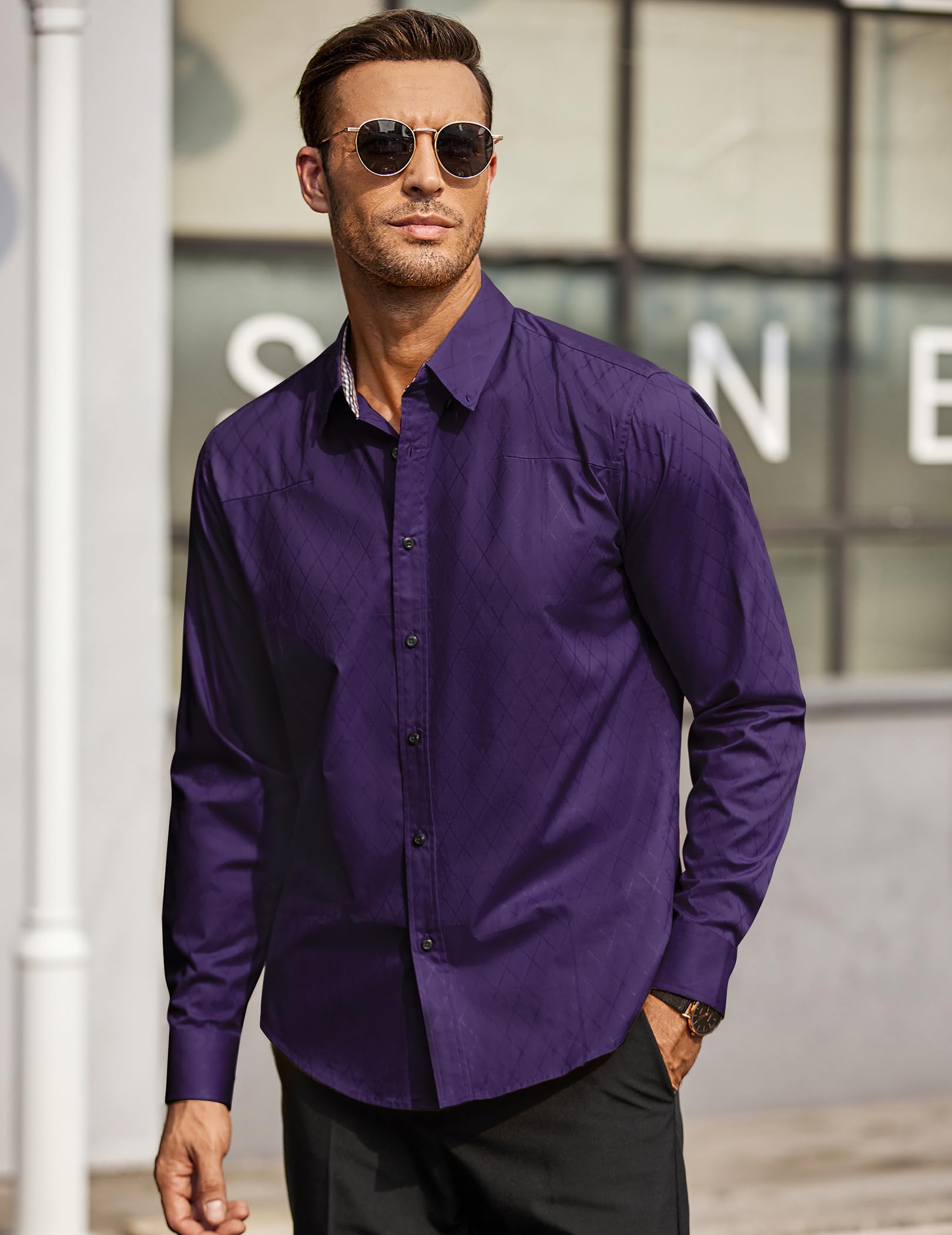 COOFANDY Mens Shirt Business Dress Casual Slim Fit Button Down, Solid Purple, XX-Large, Long Sleeve