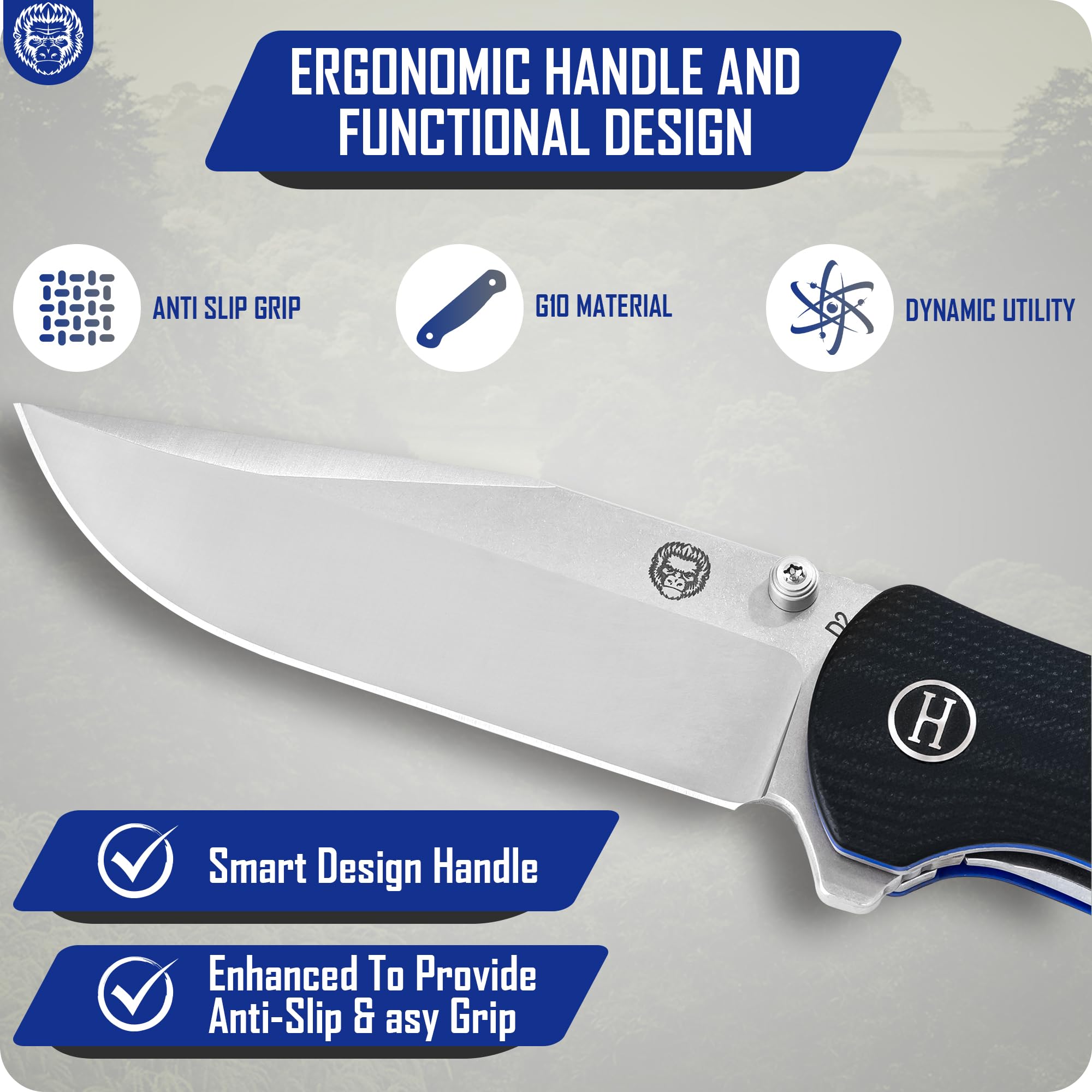 Holtzman's Gorilla Survival 'Wrangler' Folding Knife featuring D2 Steel Blade with G10 Handle in Gift Box Set (Silver+Blue)