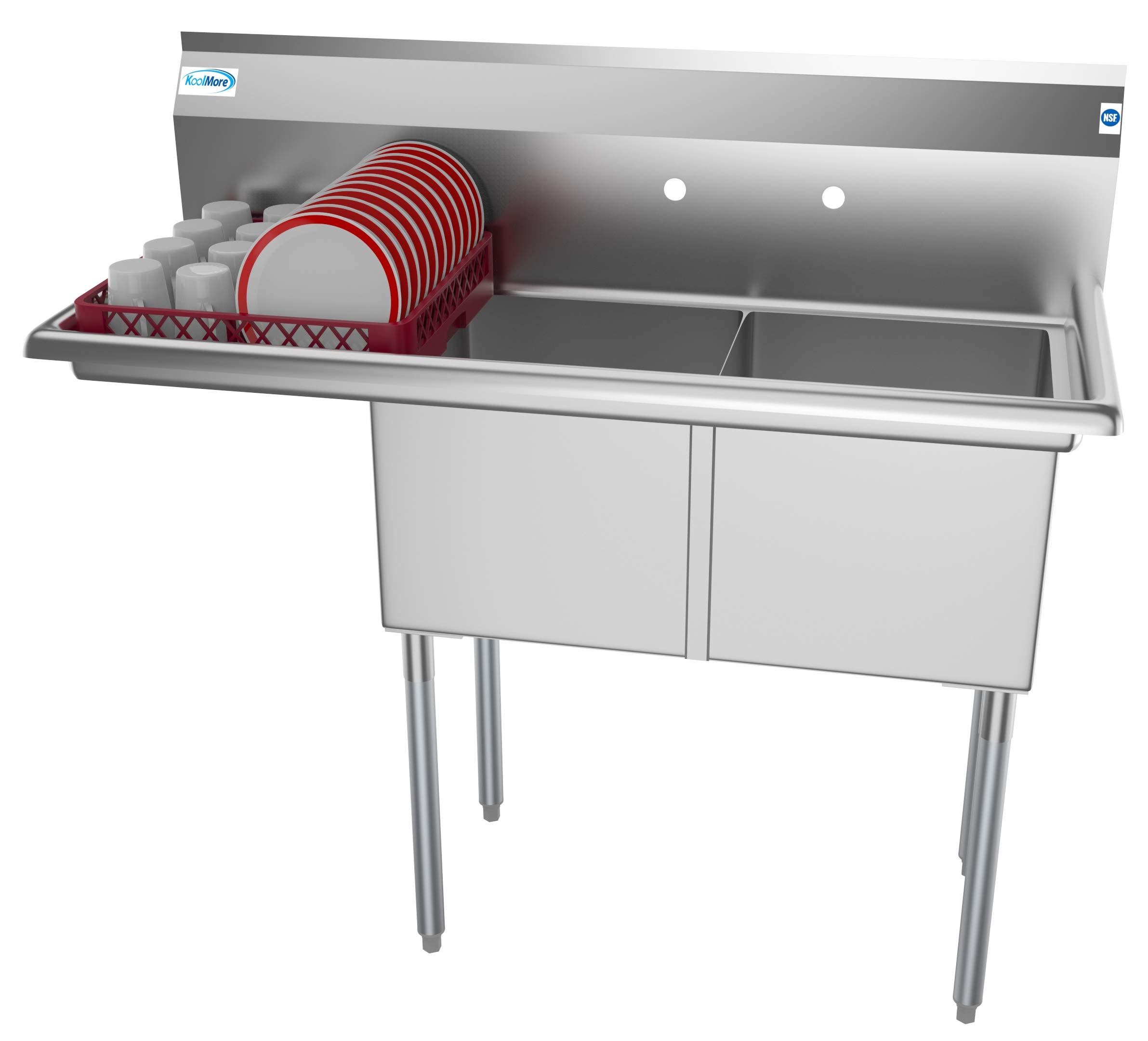 KoolMore 2 Compartment Stainless Steel NSF Commercial Kitchen Prep & Utility Sink with 2 Drainboards - Bowl Size 15" x 15" x 12", Silver, Left Drainboard