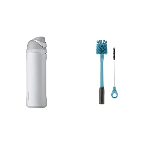 Owala FreeSip Insulated Stainless Steel Water Bottle with Straw for Sports and Travel, BPA-Free, 24-Ounce, Shy Marshmallow & 2-in-1 Water Bottle and Straw Cleaning Brush, Smokey Blue