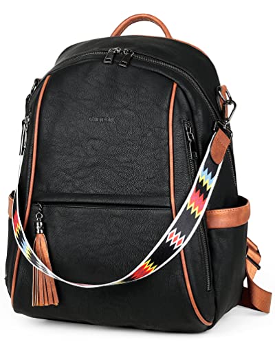 FADEON Leather Laptop Backpack Purse for Women Laptop Backpacks, Designer Mutiple Pockets Ladies Shoulder Bags Black