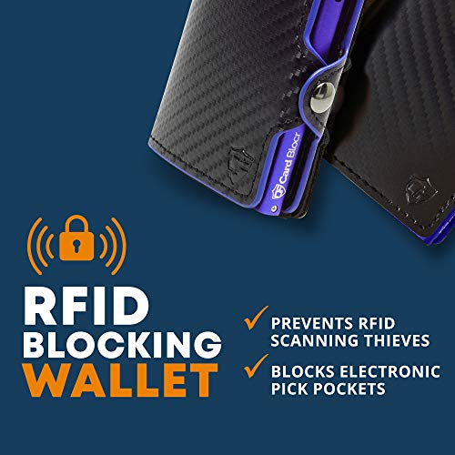 Card Blocr Pop Up Credit Card Wallet, RFID Blocking Credit Card Holder for men, Cool Wallets for Men in Carbon Wallet Design, Compact Card Holder Wallet for Secure Storage (Blue Carbon Fiber)