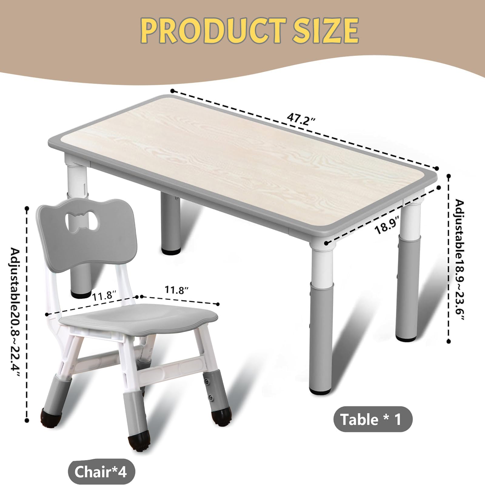 GAOMON Kids Table and 6 Chair Set,Height Adjustable Toddler Arts & Crafts Table and Chair Set for Ages 2-10,Max 300lbs Kids Activity Art Table for Classroom Daycares,Home,Grey