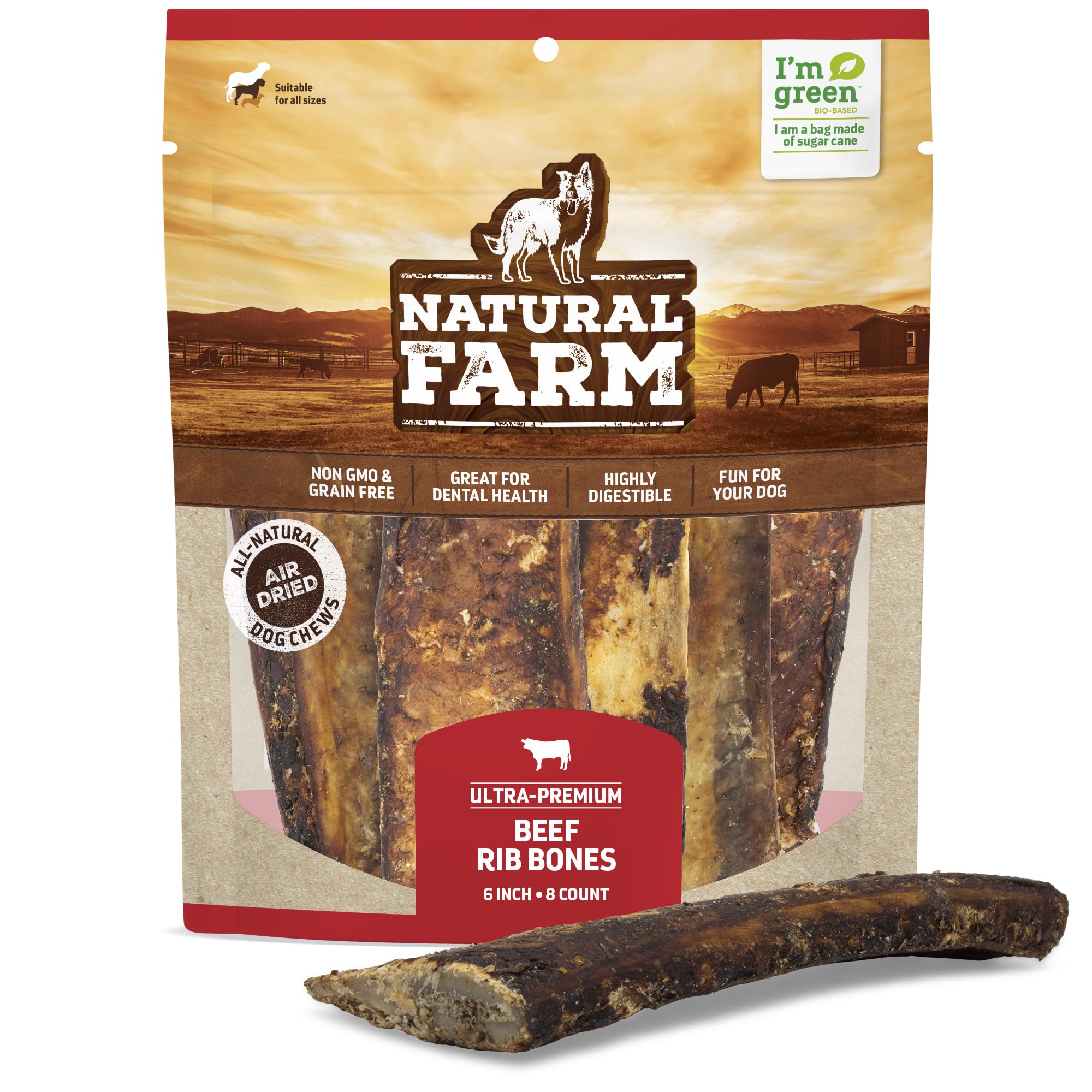 Natural Farm Rib Bones for Dogs (6 Inch, 8 Pack) - Beef Ribs for Dogs, Farm-Raised Cattle - Slow-Roasted Flavor - Low Odor for Indoor, Outdoor Chewing - Promotes Dental Health