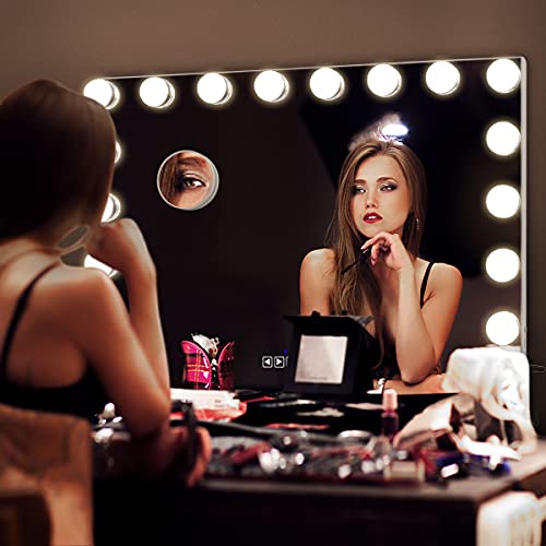 COOLJEEN Large Hollywood Beauty Vanity Mirror with Lights 18 LED Bulbs 3 Color Lighting Modes Makeup Mirror with USB Charging Port & Bluetooth Speaker (White, Bluetooth)