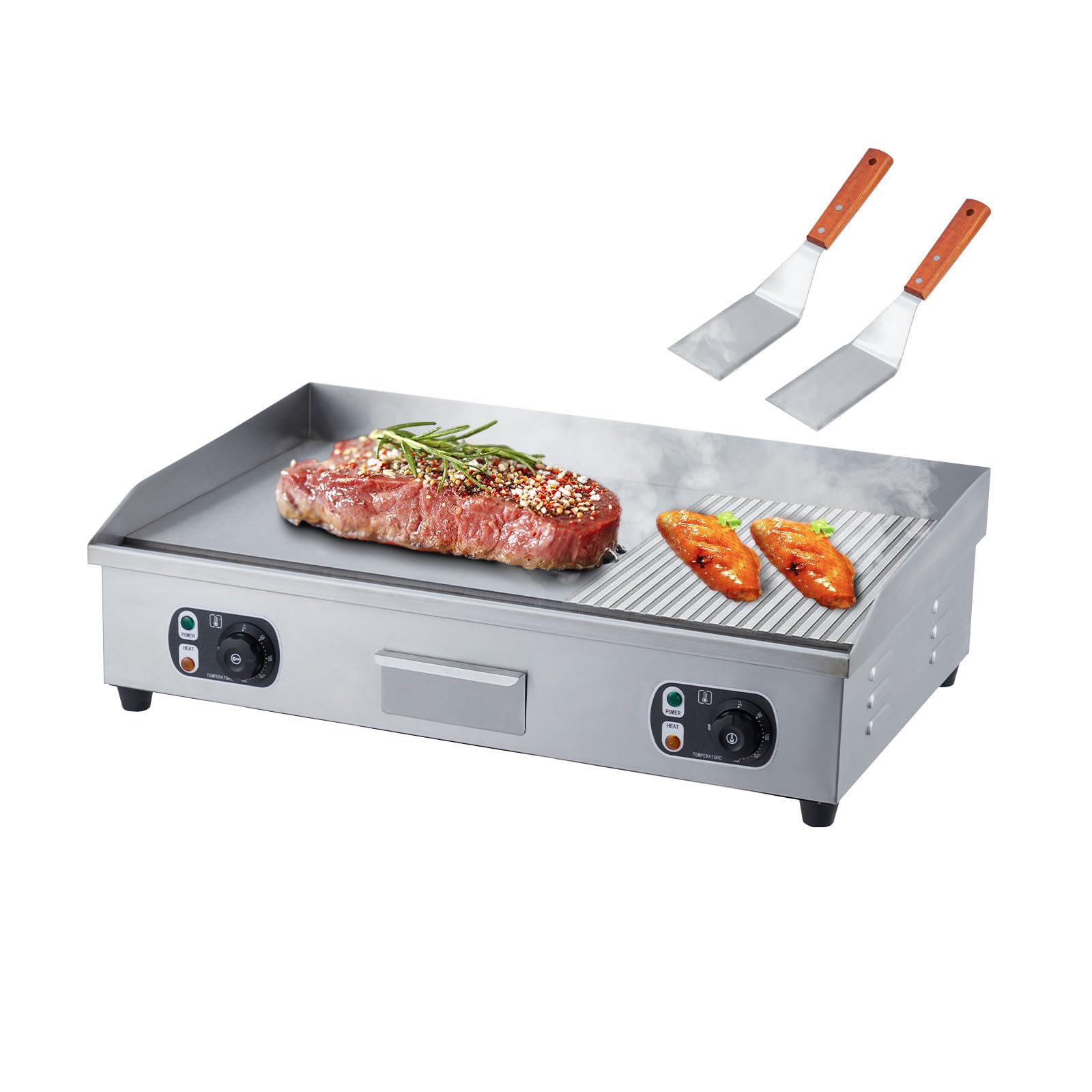 GARVEE 29" Commercial Electric Griddle, 110V, 3000W Resterant Countertop Griddle, Stainless Steel Half Grooved/Flat Top Grill with Adjustable Temperature Control 122°F-572°F(NO PLUG)