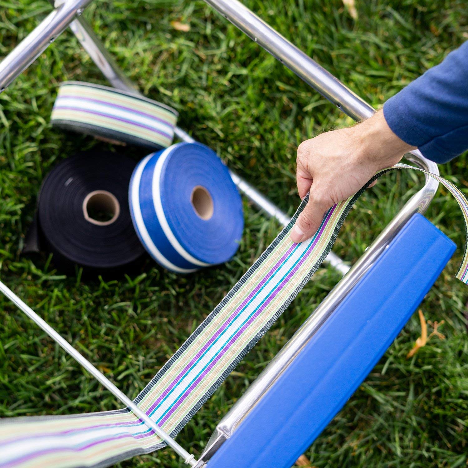 Lawn Chair USA Chair Replacement Lawn Chair Webbing - Webbing for Lawn Chairs. UV-Resistant Straps Made with Durable Polypropylene. Chair Webbing Kit (3" x 50', Sea Island Blue)