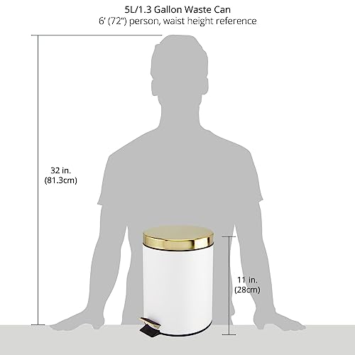 mDesign Pedal Bin — Metal Waste Bin with Pedal, Lid and Plastic Bucket Insert — Perfect for Bathroom, Kitchen, and Office — Household Rubbish Bin with Ergonomic Design — White/Gold