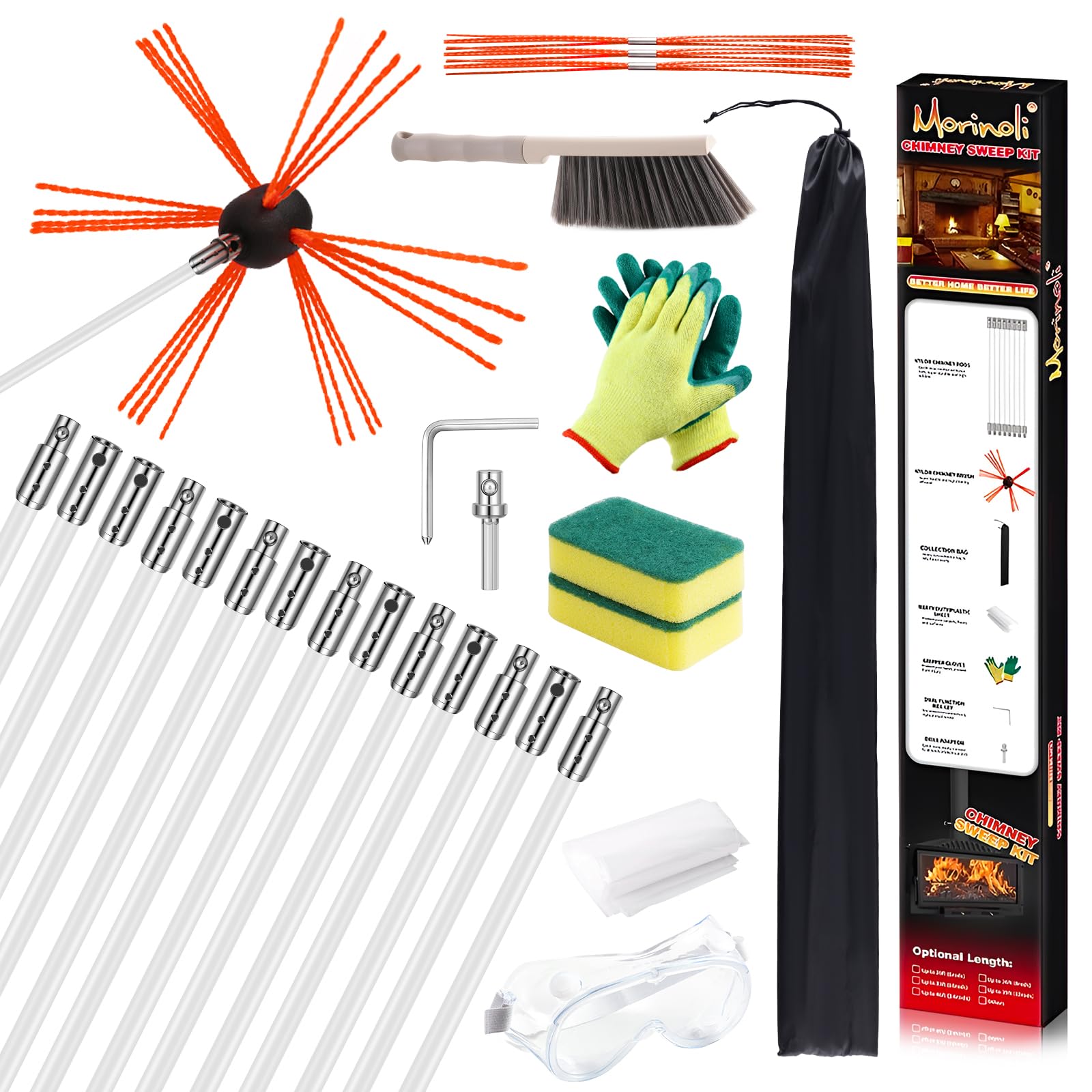 Morinoli 46 Feet Chimney Sweep Kit, Chrome Button Locking System, Chimney Cleaning Kit, Chimney Brush, Chimney Cleaning Tool, Chimney Cleaning System with 14 Flexible Chimney Rods