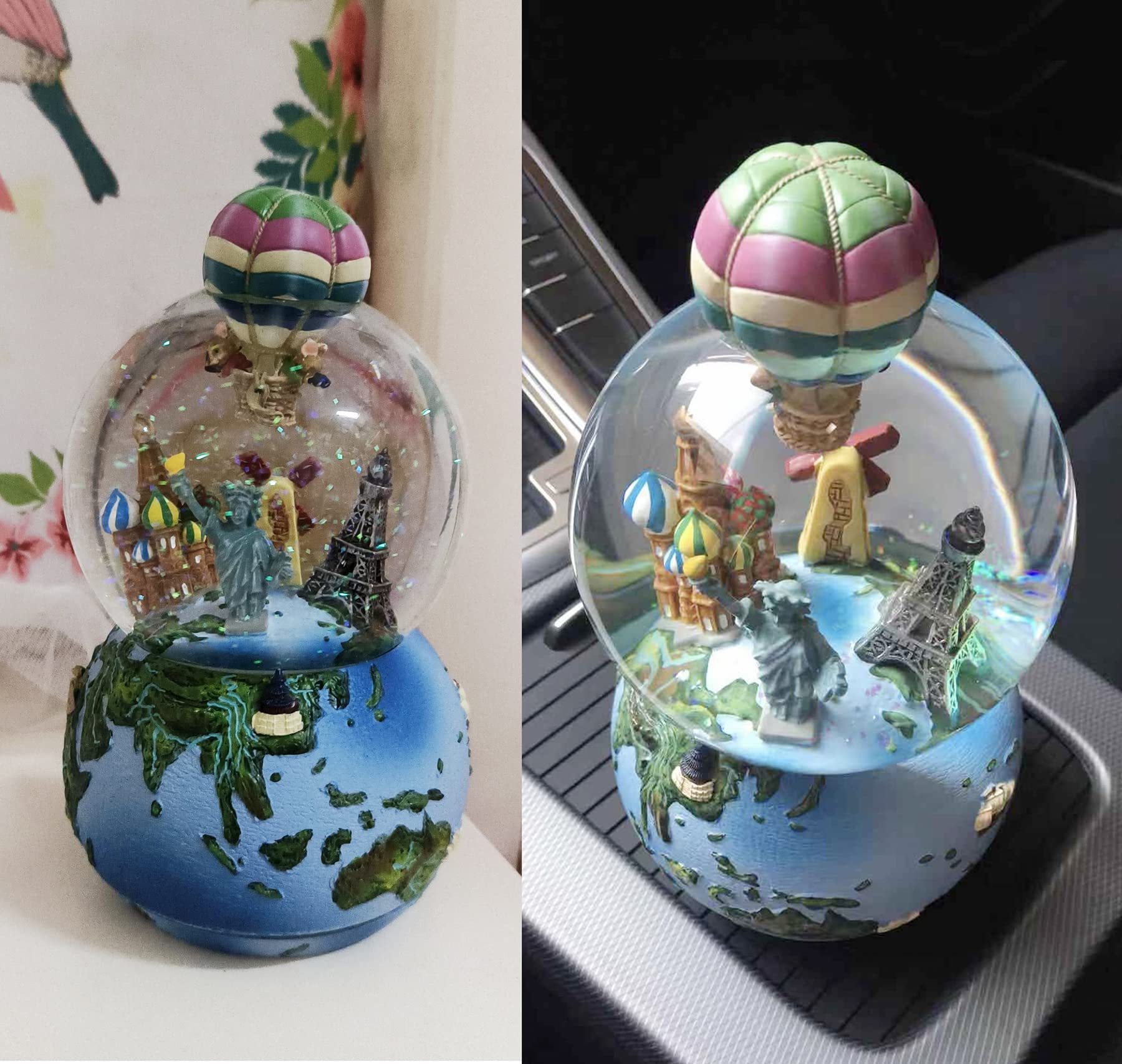 Snow Globe Valentine's Day with Music for Kids Boys Girls Women Adults Unique Gift 3D Hot Air Balloon Snowglobes Around The World Travel Rotating Christmas Music Box Decorations