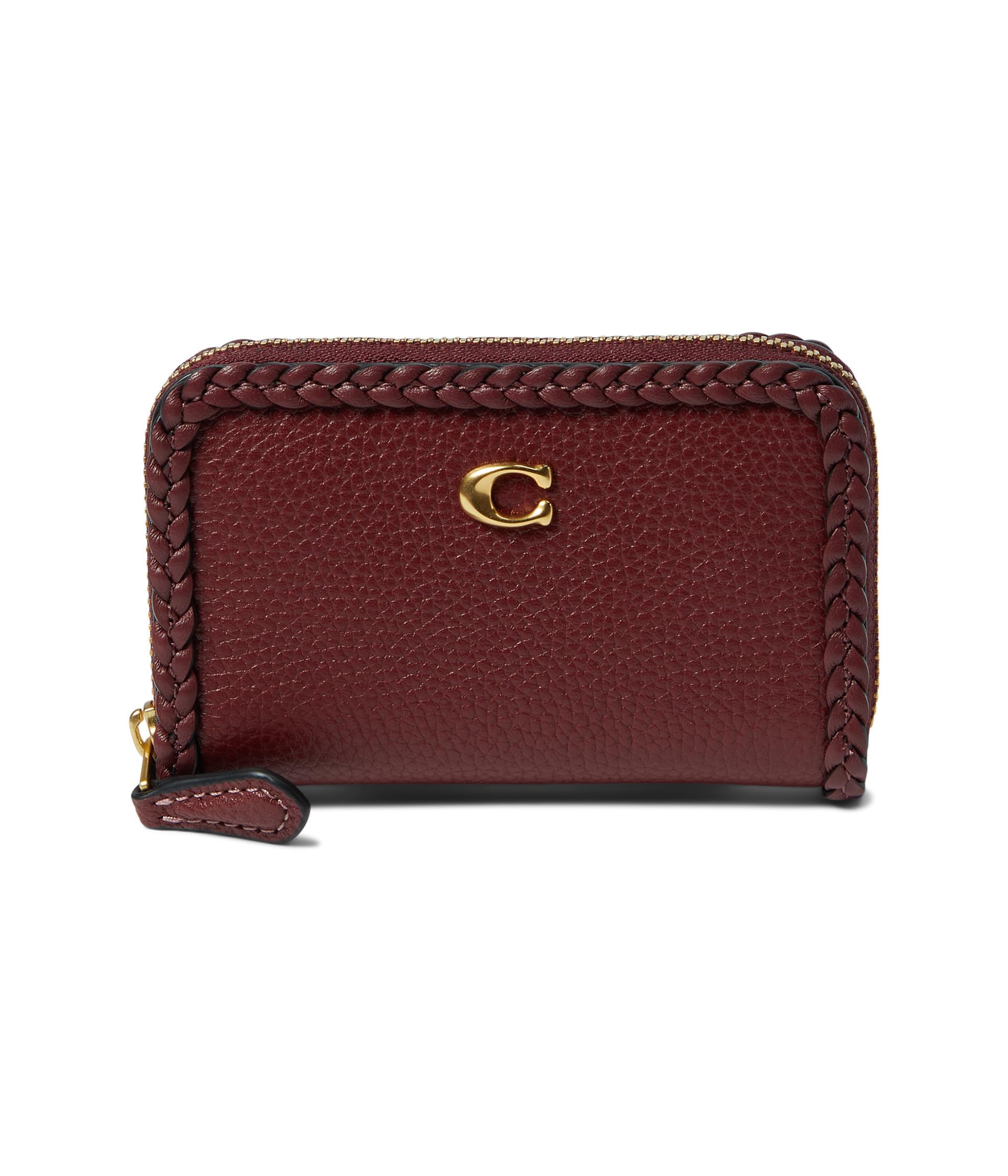 Coach Braided Leather Trim Small Zip Around Card Case Wine One Size