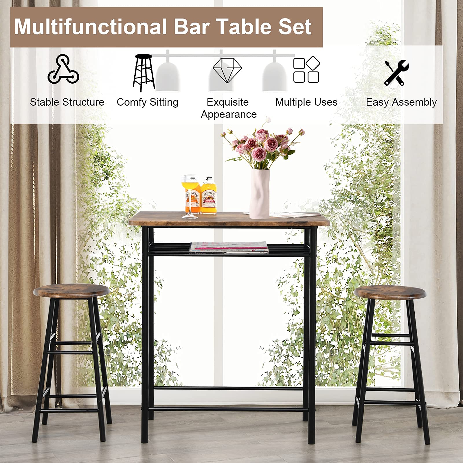 COSTWAY 3 Pieces Dining Table Set, Compact Dining Table Set with 2 Bar Stools, Space-Saving Bistro Set with Metal Fame and Storage Shelf, Pub Table and Chairs Set for Kitchen, Dining Room (Teak)