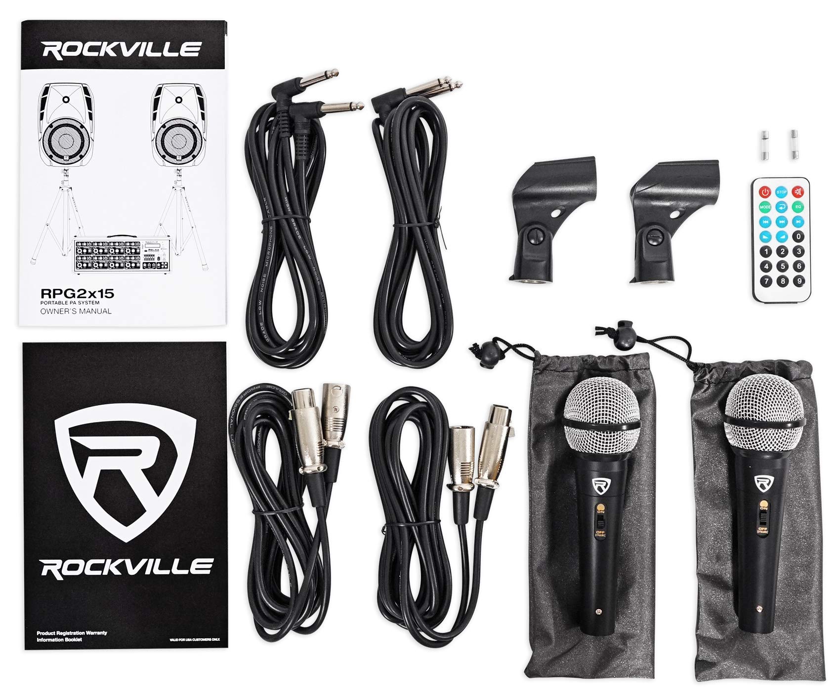 Rockville RPG2X15 Package PA System Mixer/Amp+15" Speakers+Stands+Mics+Bluetooth