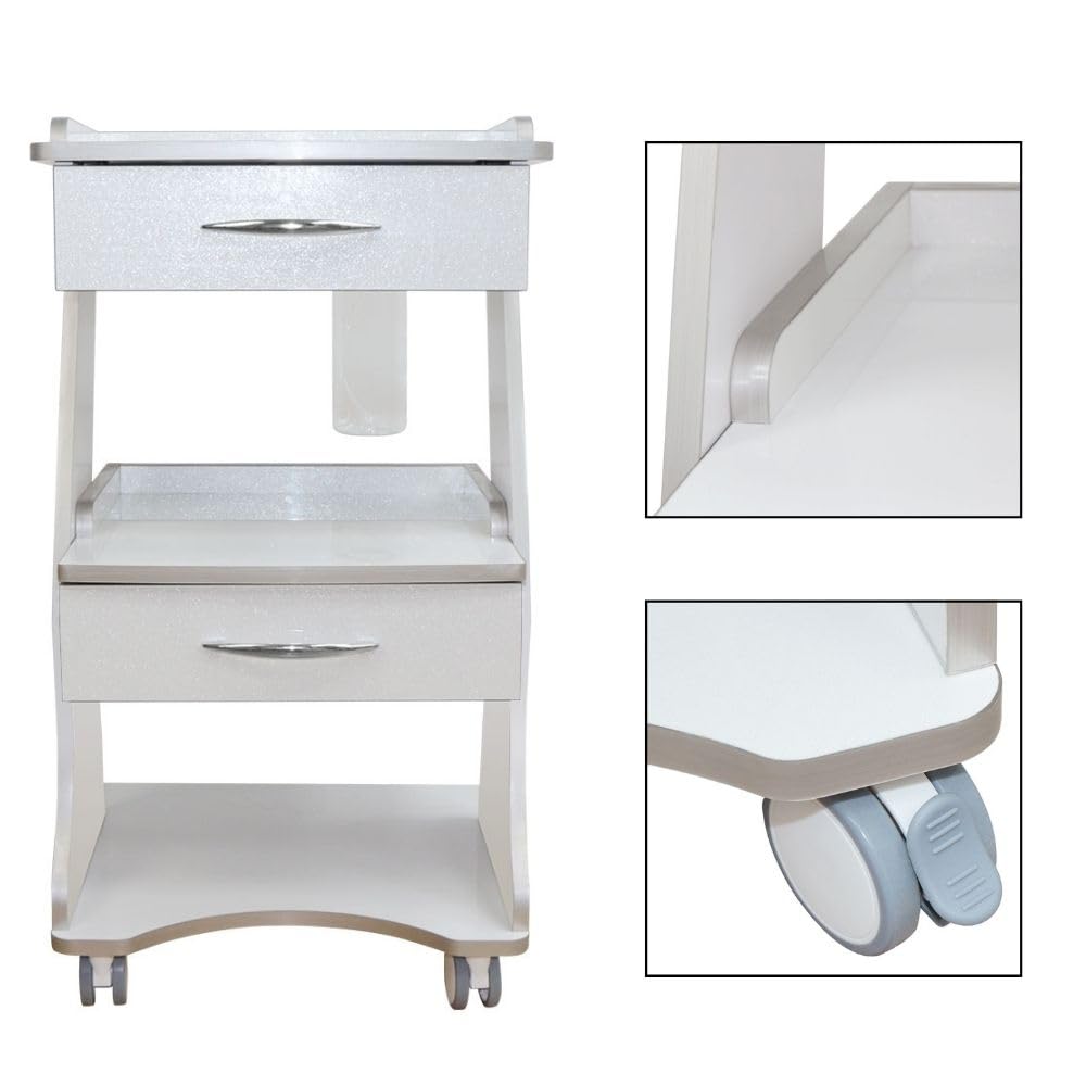 generic Mobile Rolling Trolley with Built-in Socket and Water Bottle, Multi-Function 3-Layer Cart with Wheels and 2 Drawers for Dental Labs Beauty Salon, White
