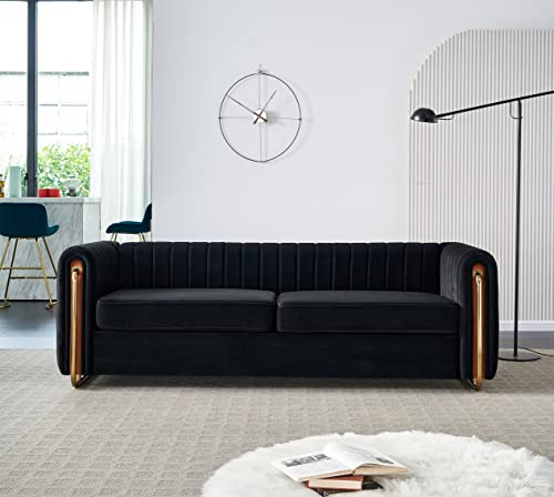 Melpomene Vertical Channel Tufted Velvet Sofa with Round Arm and Gold Metal Legs,Armrest 84.25" W(Black)