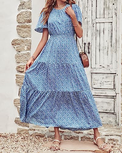 PRETTYGARDEN Women's Summer Casual Short Flutter Sleeve Round Neck Smocked Waist Tiered Boho Floral Flowy Maxi Dress(Small, Leaves Sky Blue)