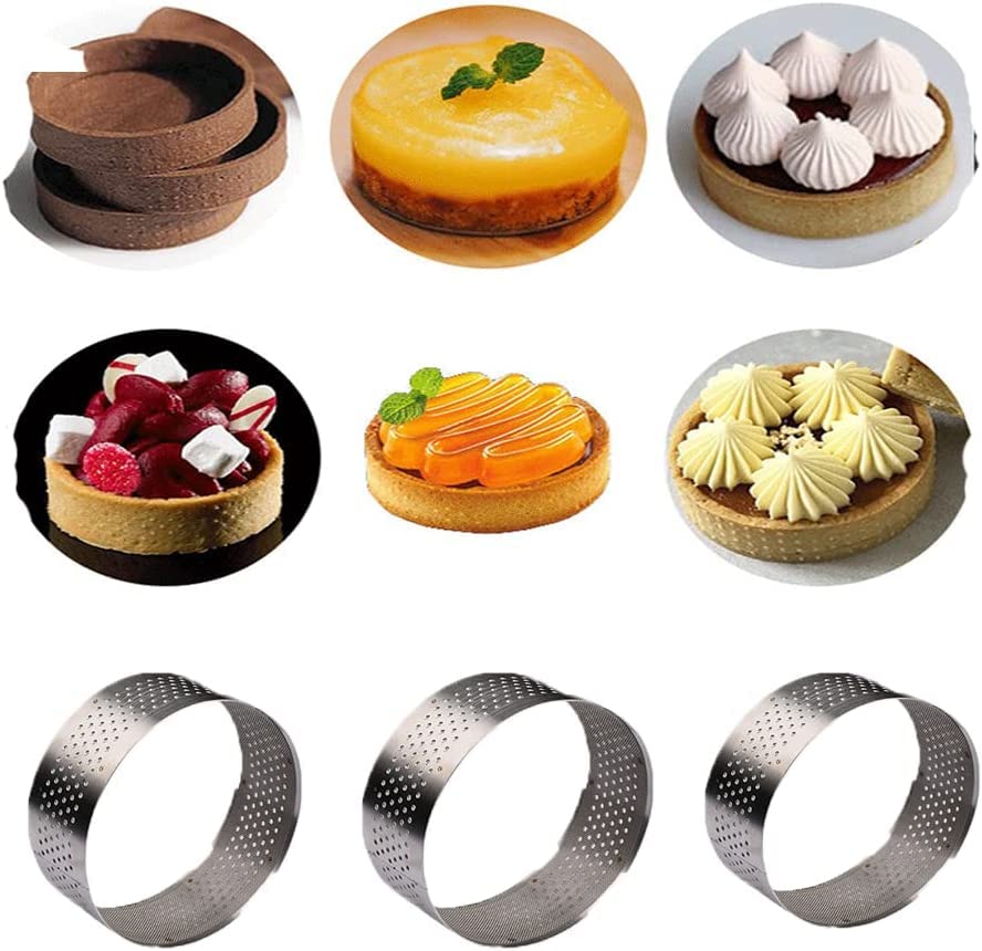 Exogio 10Pcs Circular Tart Ring 8 cm, Stainless Steel Porous Tart Bottom Ring, Heat-Resistant Perforated Pie Cake Mousse Mould Baking for Kitchen, Dessert Making