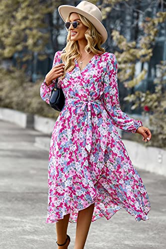 PRETTYGARDEN Women's Floral Print Boho Dress Long Sleeve Wrap V Neck Ruffle Belted A-Line Flowy Maxi Dresses (Floral Pink,Large)