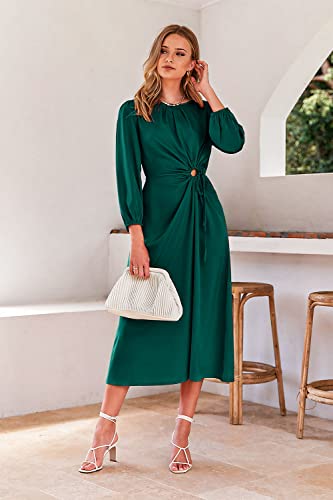 PRETTYGARDEN Women's 2023 Satin Maxi Dress Puff Long Sleeve Crewneck Cutout Casual A-line Long Flowy Dresses (Dark Green,X-Large)