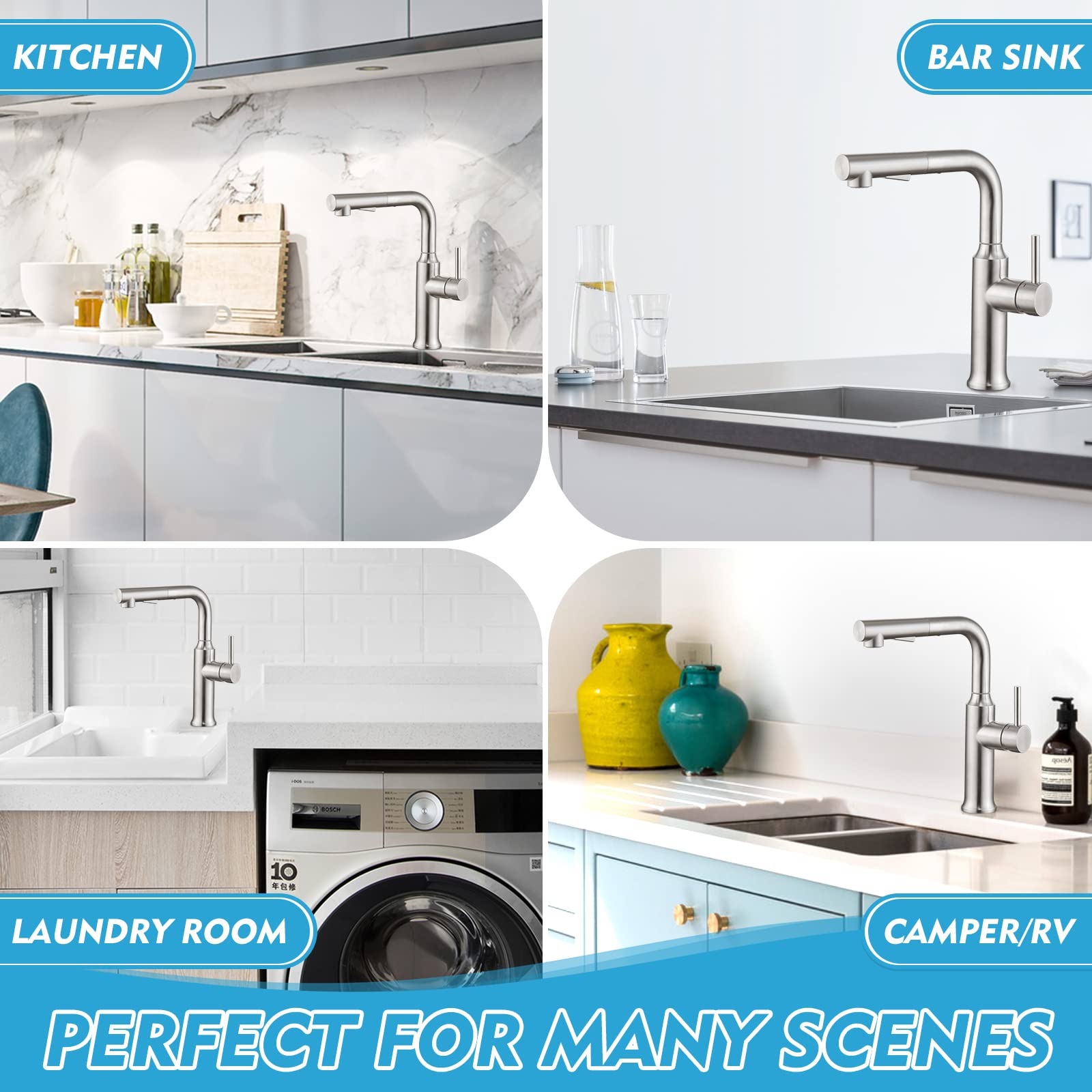 CREA Kitchen Faucets with Pull Down Sprayer, Bar Sink Faucet Brushed Nickel with Magnetic Docking, Commercial Modern Faucet rv Kitchen Sink Faucet