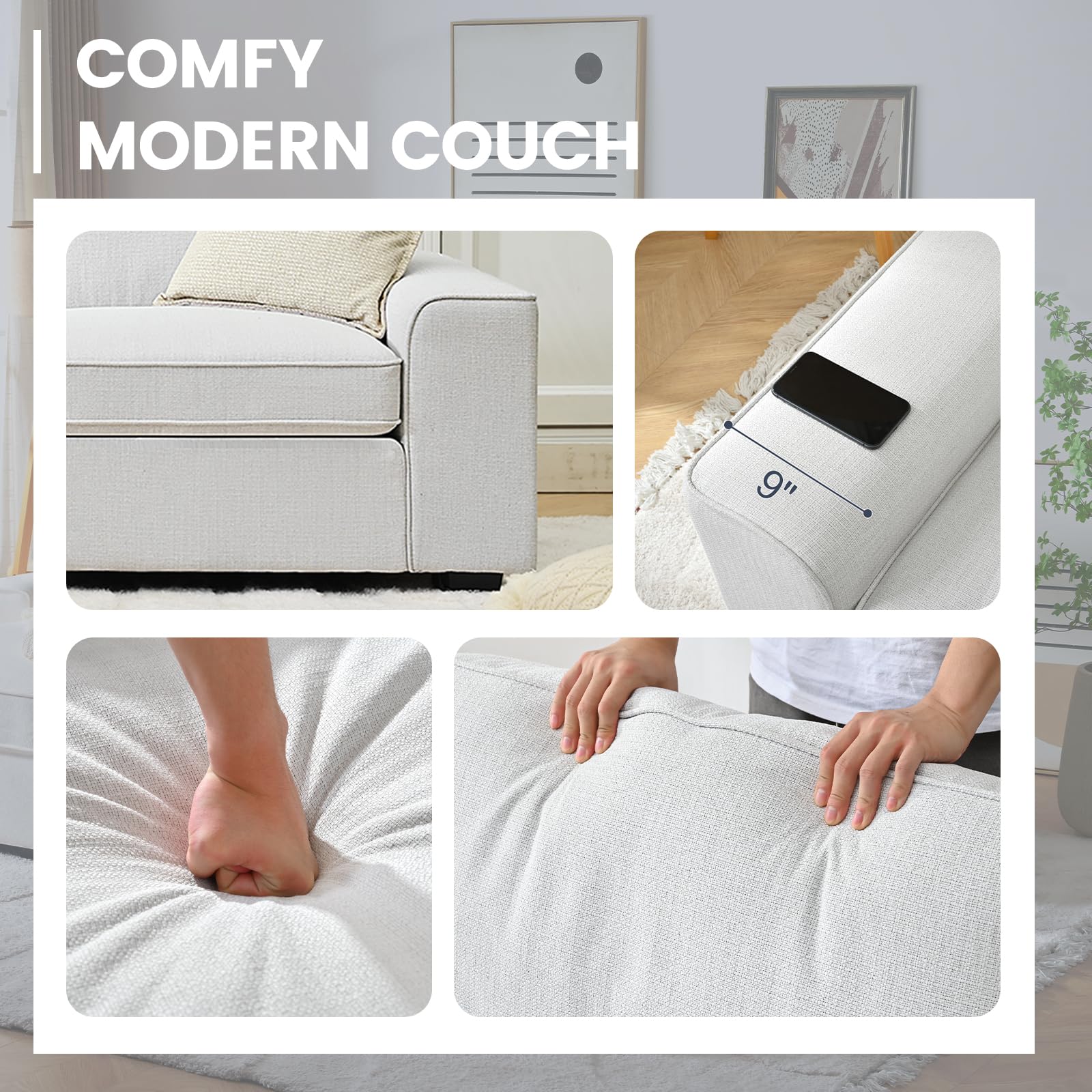 HALLYBEE 101" Modular Sectional Sofa Convertible L Shaped Couch with Storage Ottoman Linen White Couch with Chaise Comfy Sectional Couches for Living Room Apartment Office