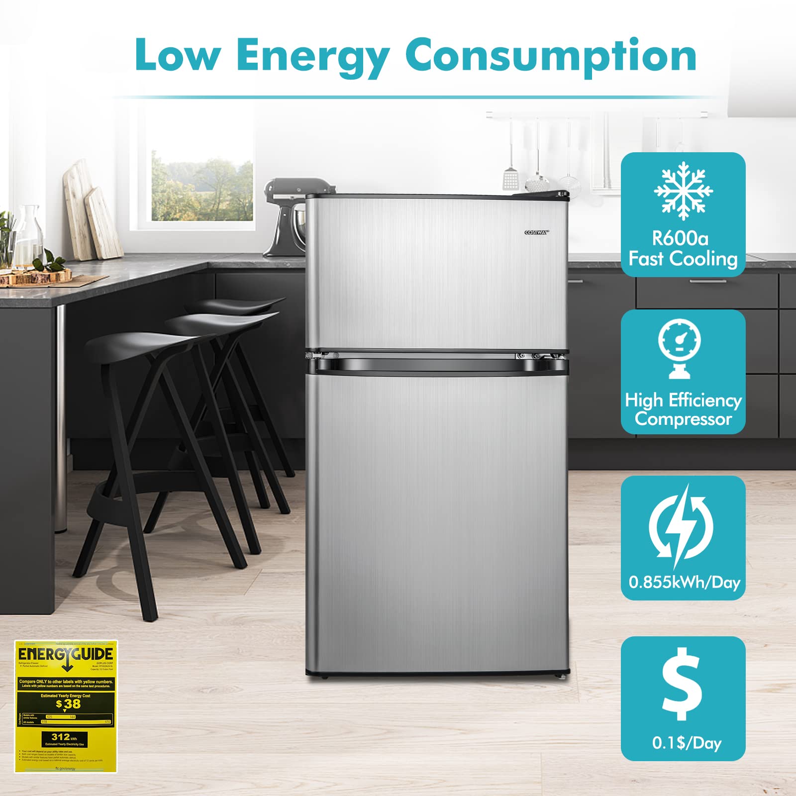 COSTWAY Compact Refrigerator, 2 Reversible Door 3.3 CU.FT. Mini Fridge and Freezer Compartment with Adjustable Thermostat & Removable Glass Shelves for Dorm Apartment Office (Silver)